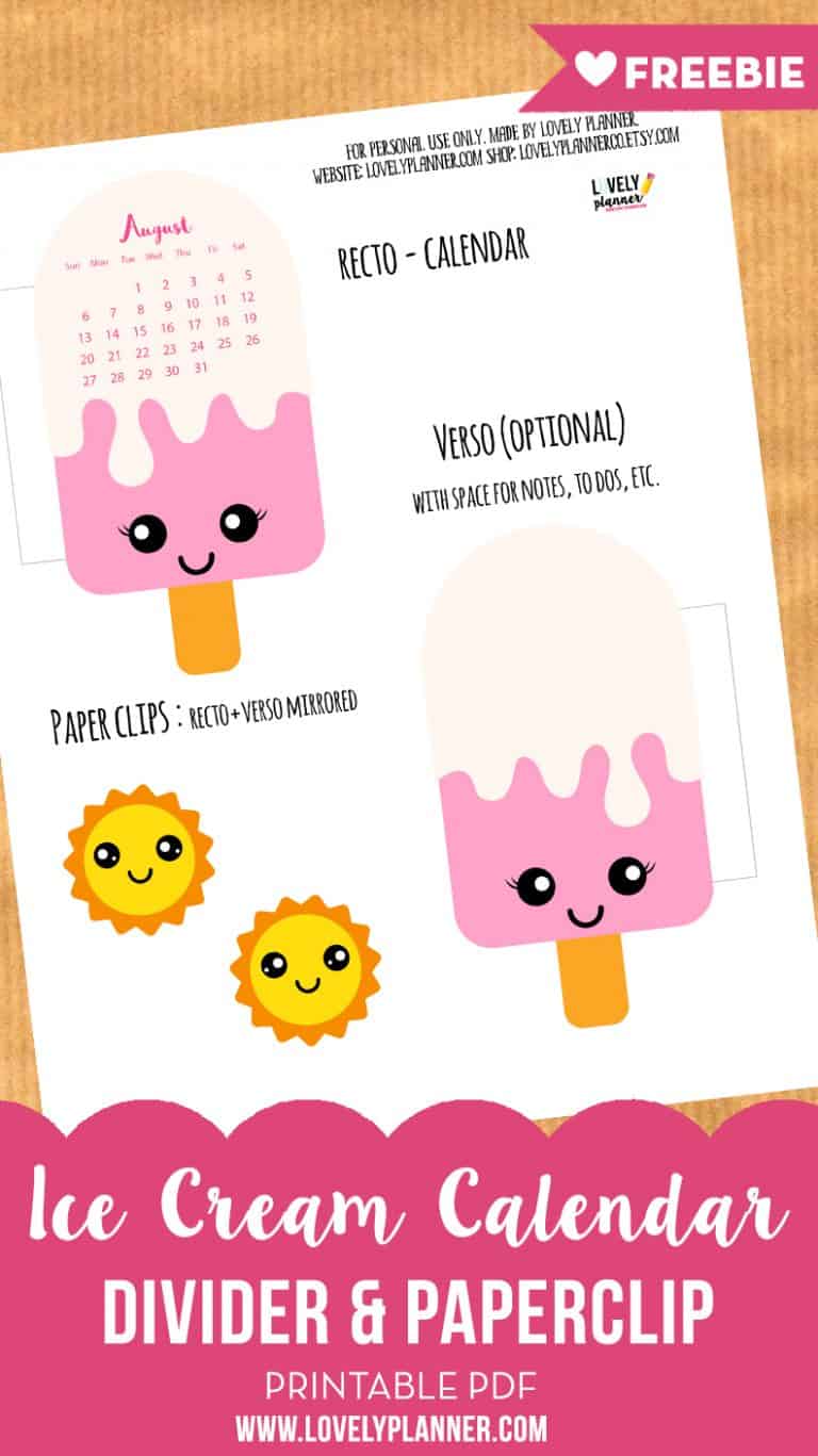 Cute Ice Cream Calendar Divider + Paperclip for your planner - Free ...