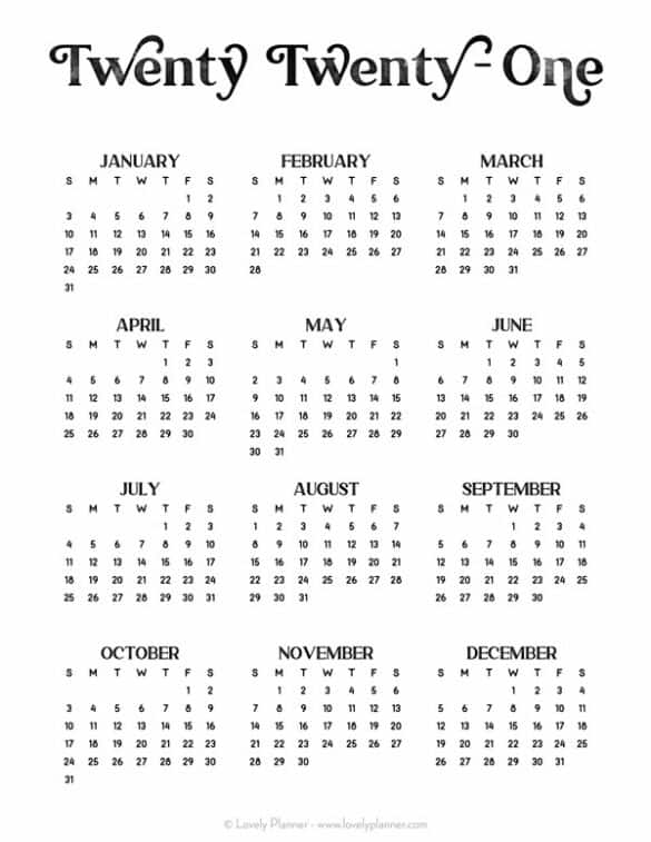 24 Pretty (& Free) Printable One Page Calendars for 2021 - Lovely Planner