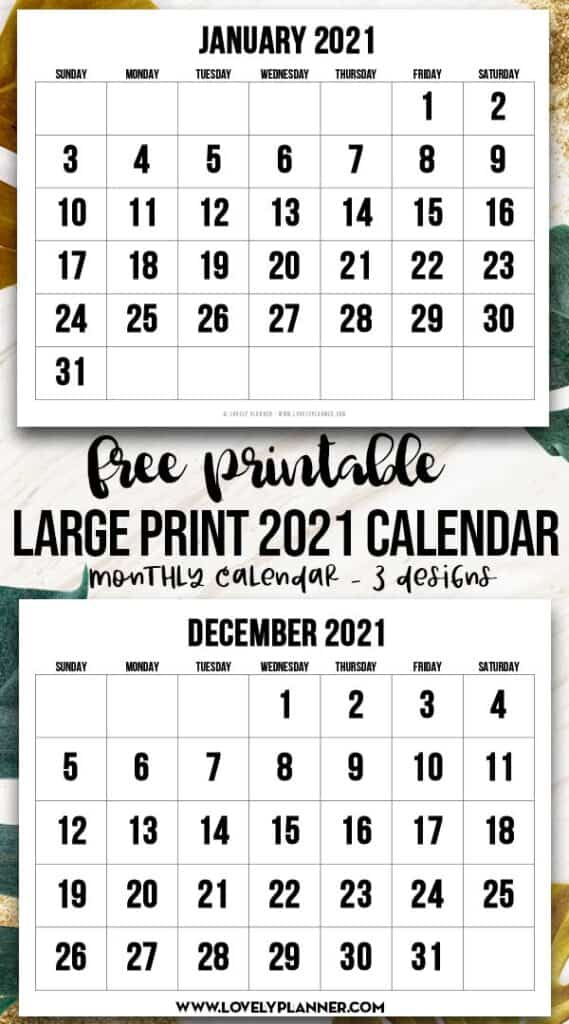 Free Printable Large Print 2021 Calendar - 12 month Calendar - Lovely ...