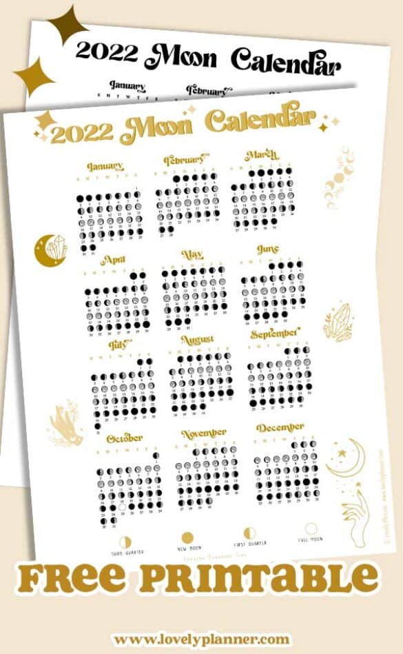 Free Printable 2022 Moon Phase Calendar - Detailed Version - Lovely Planner