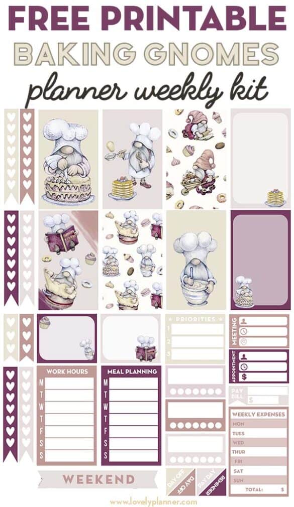 Free Printable Baking Gnomes Planner Stickers Weekly Kit - Lovely Planner