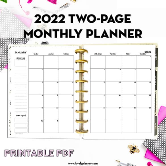 Free Printable 2022 Two-Page Monthly Calendar - Lovely Planner