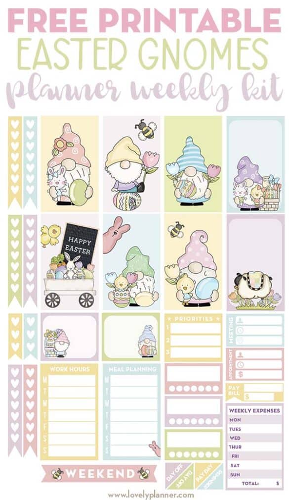 Free Printable Easter Gnomes Planner Stickers Weekly Kit - Lovely Planner