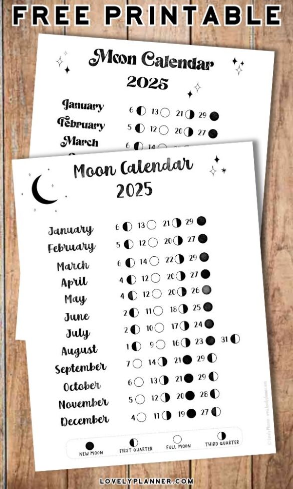 Free Printable Moon Calendar - Moon Phases for 2025 - Lovely Planner