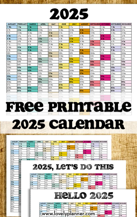 Free Printable 2025 One Page Calendar Landscape - Rainbow - Lovely Planner