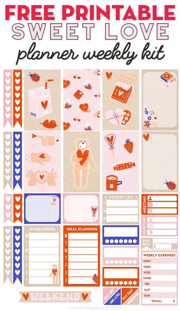 Free Printable Sweet Love Planner Stickers - Weekly Kit - Lovely Planner