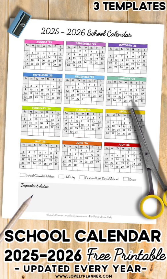 Free Printable 2025-2026 School Calendar - One Page Academic Calendar ...