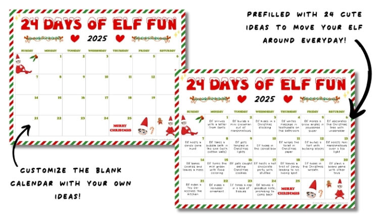 Free Printable Elf on the Shelf Calendar - 24 Days of Elf Ideas for ...