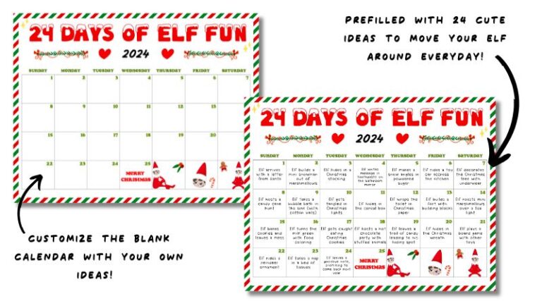 Free Printable Elf on the Shelf Calendar - 24 Days of Elf Ideas ...