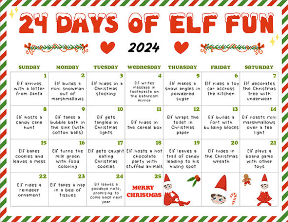 Free Printable Elf on the Shelf Calendar - 24 Days of Elf Ideas ...