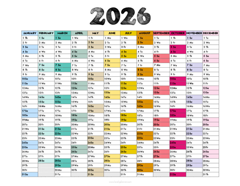Free Printable 2026 One Page Calendar Landscape - Rainbow - Lovely Planner
