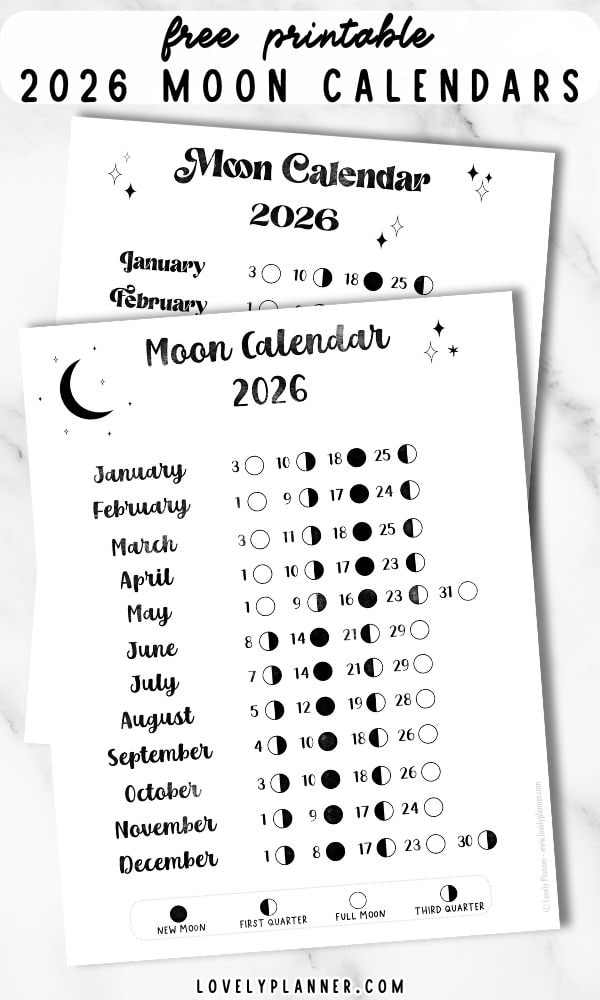 Free Printable Moon Calendar - Moon Phases for 2026 - Lovely Planner