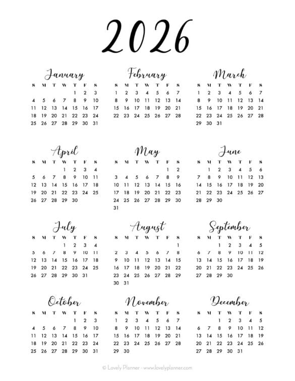 55 Cute (& Free) Printable 2026 One Page Calendars - Lovely Planner