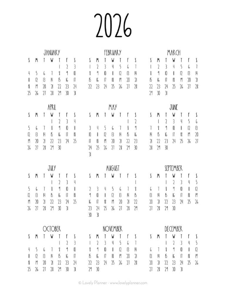 55 Cute (& Free) Printable 2026 One Page Calendars - Lovely Planner