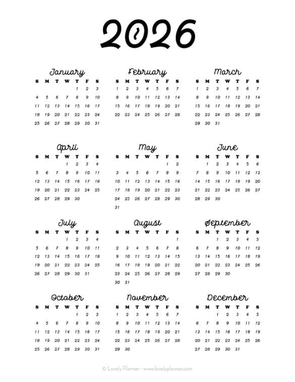 55 Cute (& Free) Printable 2026 One Page Calendars - Lovely Planner