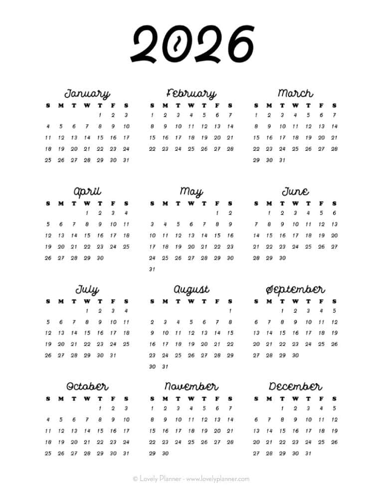 55 Cute (& Free) Printable 2026 One Page Calendars - Lovely Planner