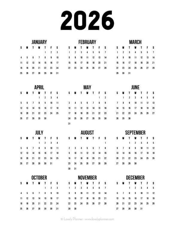 55 Cute (& Free) Printable 2026 One Page Calendars - Lovely Planner