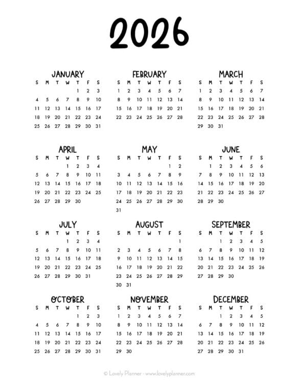 55 Cute (& Free) Printable 2026 One Page Calendars - Lovely Planner
