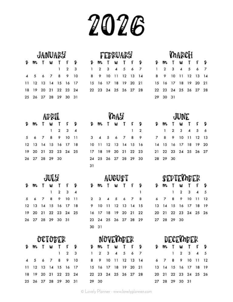 55 Cute (& Free) Printable 2026 One Page Calendars - Lovely Planner