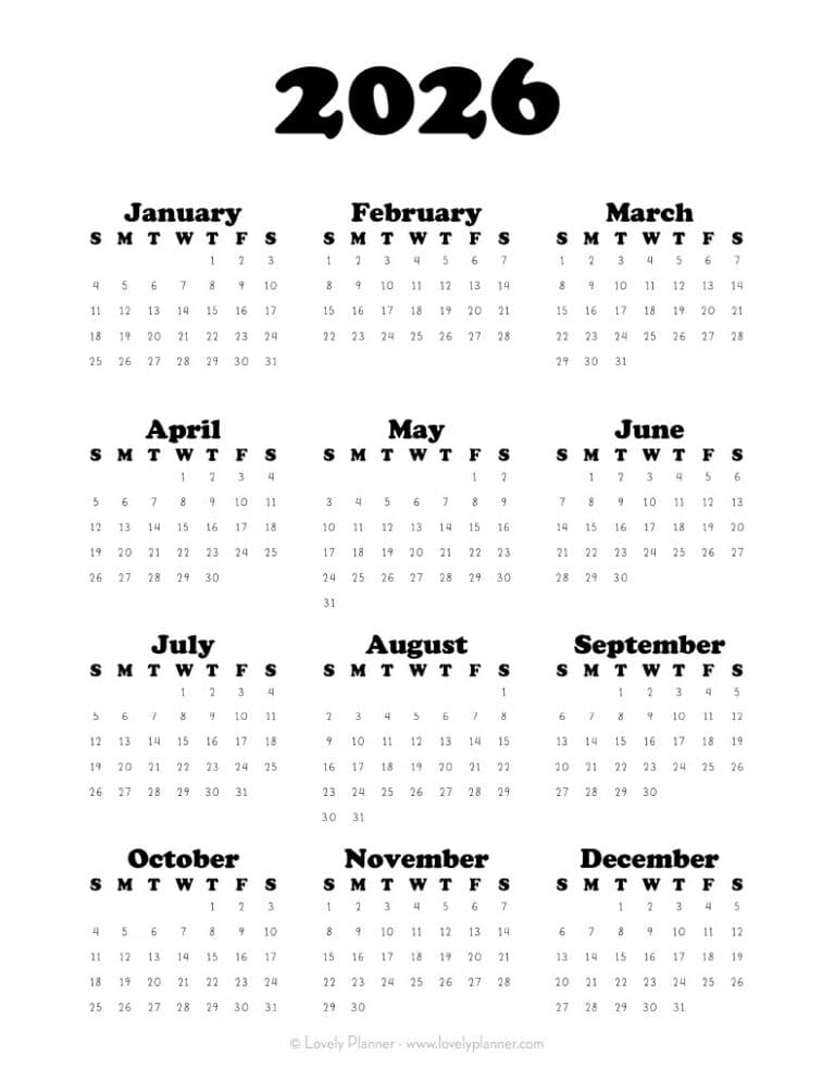 55 Cute (& Free) Printable 2026 One Page Calendars - Lovely Planner
