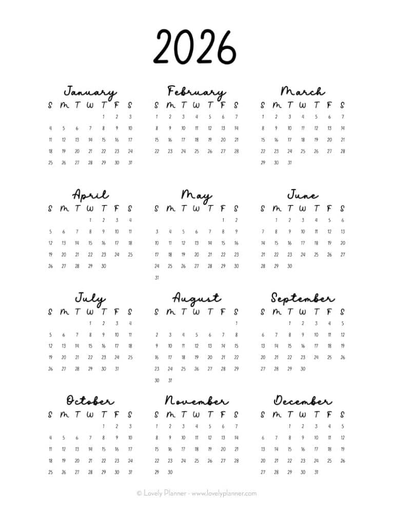 55 Cute (& Free) Printable 2026 One Page Calendars - Lovely Planner