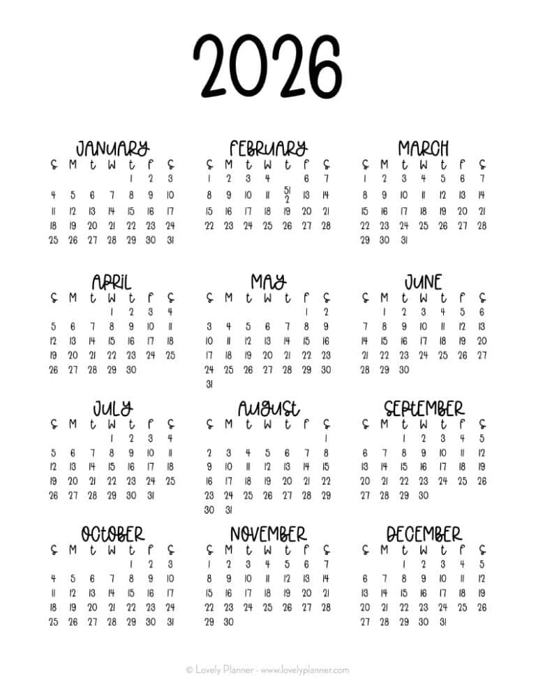 55 Cute (& Free) Printable 2026 One Page Calendars - Lovely Planner