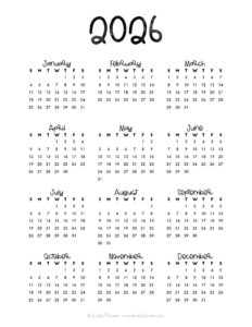55 Cute (& Free) Printable 2026 One Page Calendars - Lovely Planner