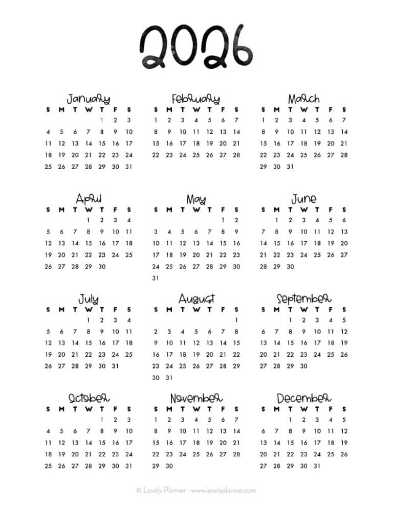 55 Cute (& Free) Printable 2026 One Page Calendars - Lovely Planner