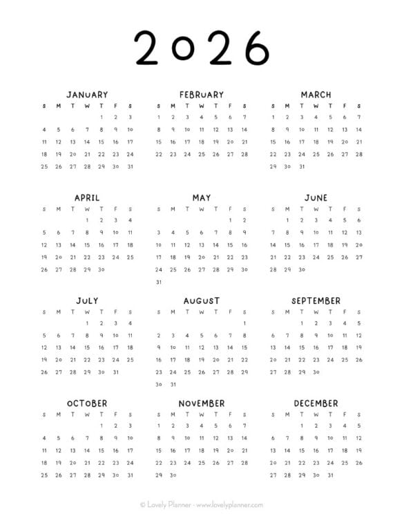 55 Cute (& Free) Printable 2026 One Page Calendars - Lovely Planner
