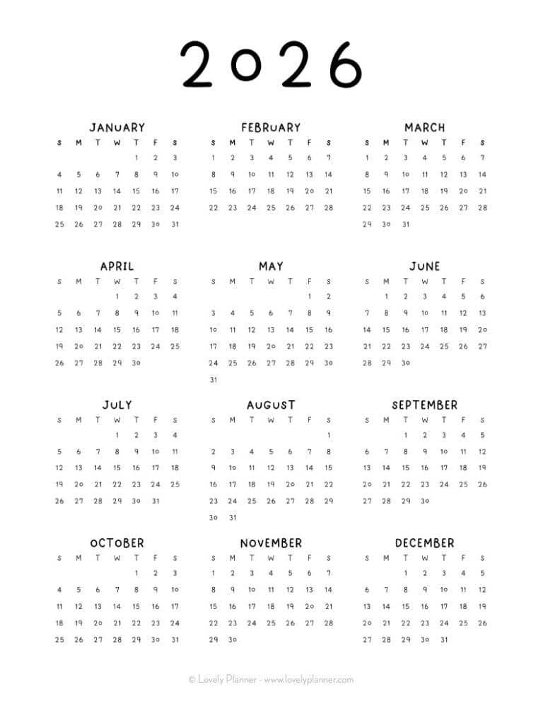 55 Cute (& Free) Printable 2026 One Page Calendars - Lovely Planner