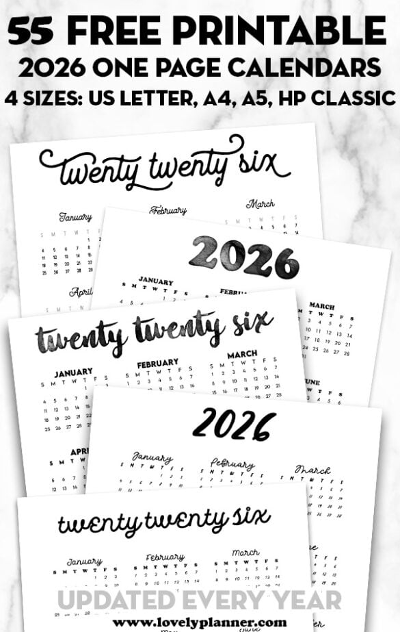 55 Cute (& Free) Printable 2026 One Page Calendars - Lovely Planner