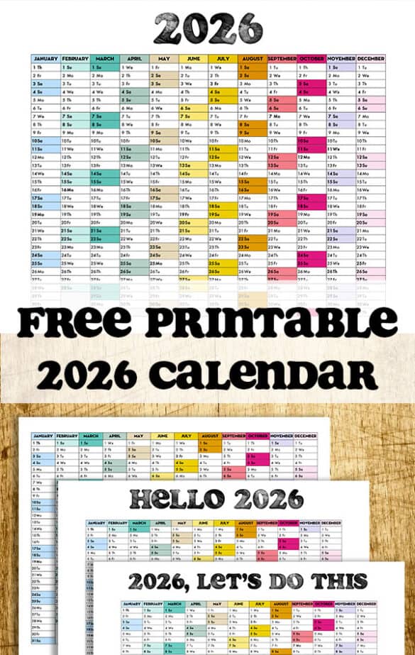 Free Printable 2026 One Page Calendar Landscape - Rainbow - Lovely Planner