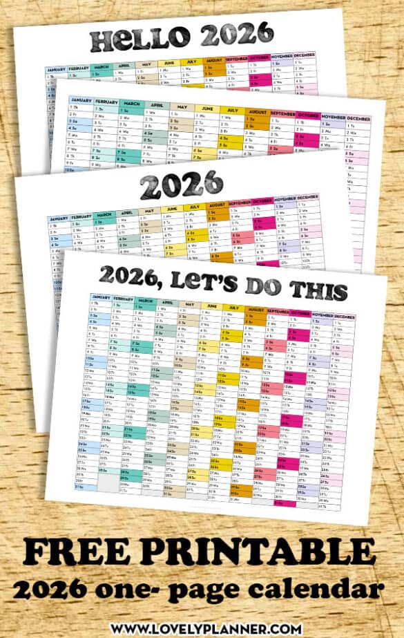 Free Printable 2026 One Page Calendar Landscape - Rainbow - Lovely Planner