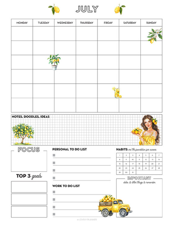 Free Printable Planner Pages for Summer - Lemon theme - Lovely Planner