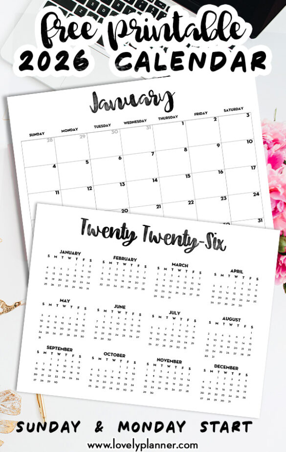 Free Printable 2026 Monthly Calendar (Sunday & Monday start) - Lovely ...