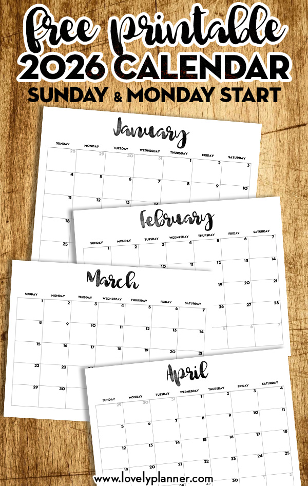 Free Printable 2026 Monthly Calendar (Sunday & Monday start) - Lovely ...