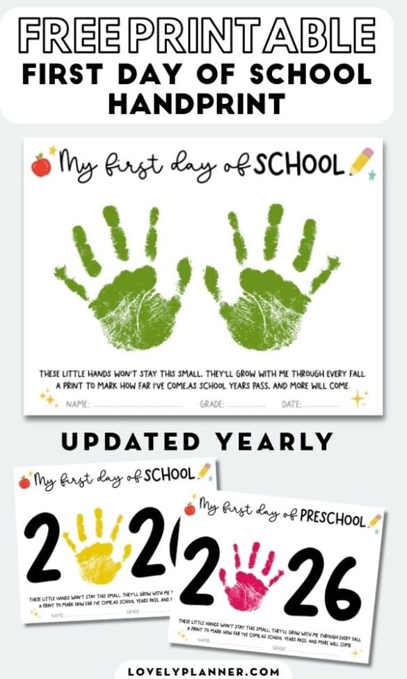 Free First Day of School Handprint Printable - Lovely Planner