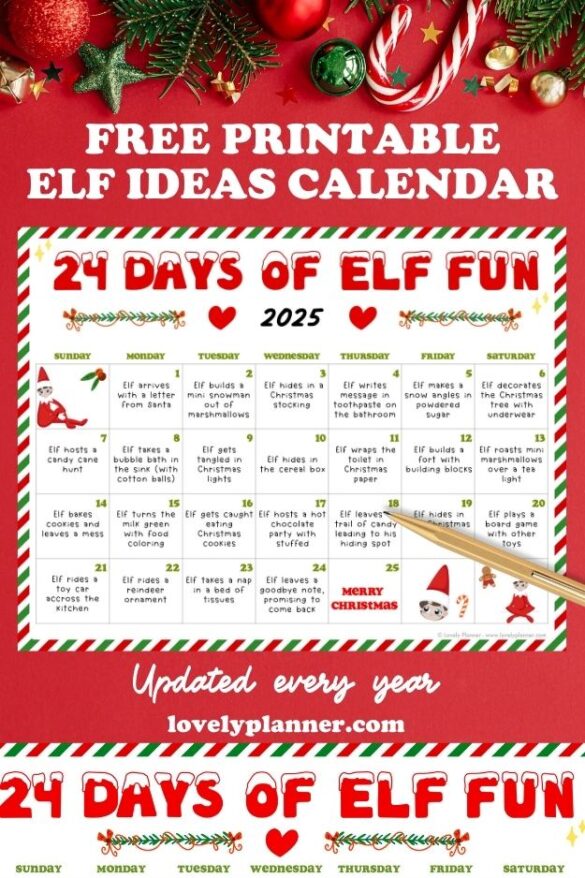 Free Printable Elf on the Shelf Calendar - 24 Days of Elf Ideas for ...