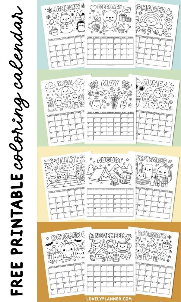 Free Printable 2026 Coloring Calendar for Kids (13 PAGES) - Lovely Planner