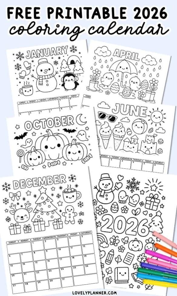 Free Printable 2026 Coloring Calendar for Kids (13 PAGES) - Lovely Planner