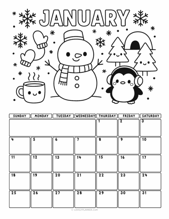 Free Printable 2026 Coloring Calendar for Kids (13 PAGES) - Lovely Planner