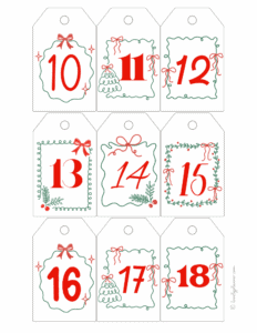 Free Printable Advent Calendar Gift Tags – 24 Numbered Christmas Tags ...