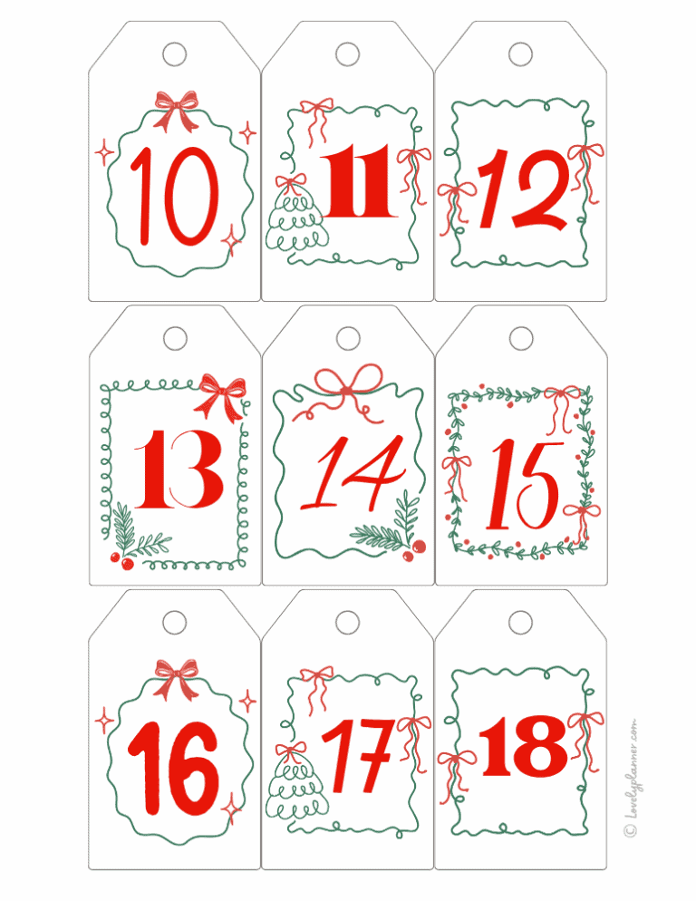 Free Printable Advent Calendar Gift Tags – 24 Numbered Christmas Tags ...