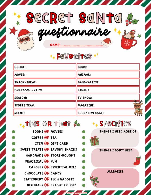 Free Printable Secret Santa Questionnaires: 10 Fun Christmas Gift ...