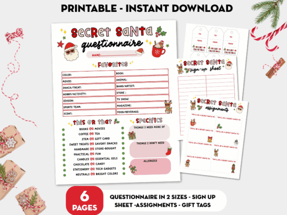 Free Printable Secret Santa Questionnaires: 10 Fun Christmas Gift ...