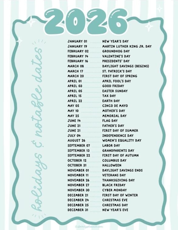 2026 Holidays & Important Dates Printable Sheet – 4 Cute Designs ...
