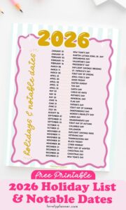 2026 Holidays & Important Dates Printable Sheet – 4 Cute Designs ...