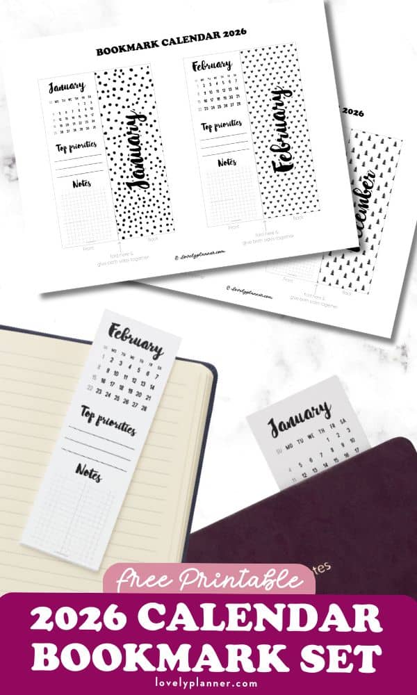 Free Printable 2026 Calendar Bookmark Set