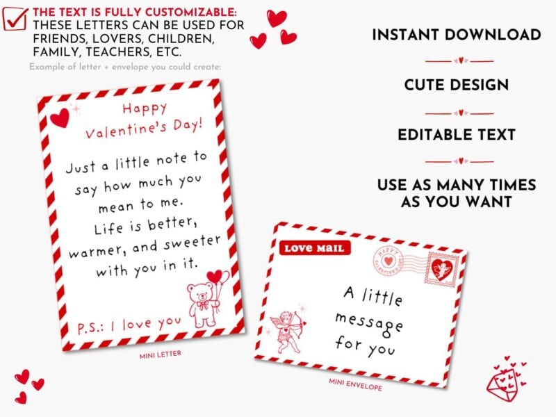 Free Printable Mini Valentine’s Day Love Letters & Envelopes - Lovely ...
