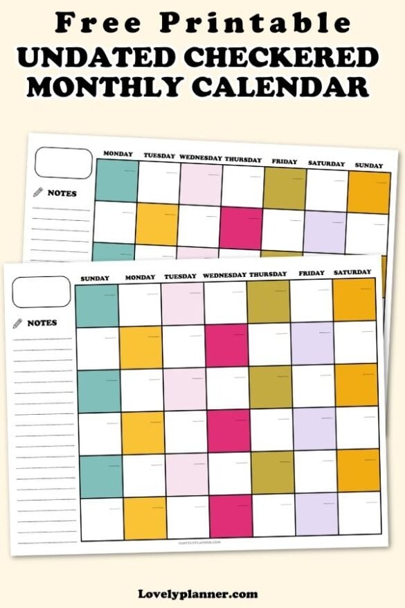 Free Printable Undated Monthly Checkered Calendar (Cute Retro Design ...